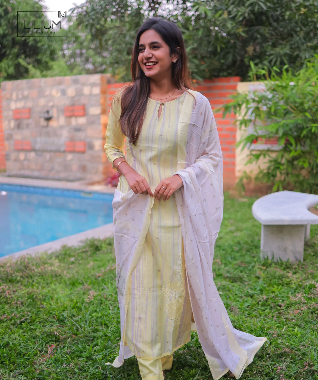 Lime Yellow Muslin Festive Set – 3-Piece Embroidered Outfit ...