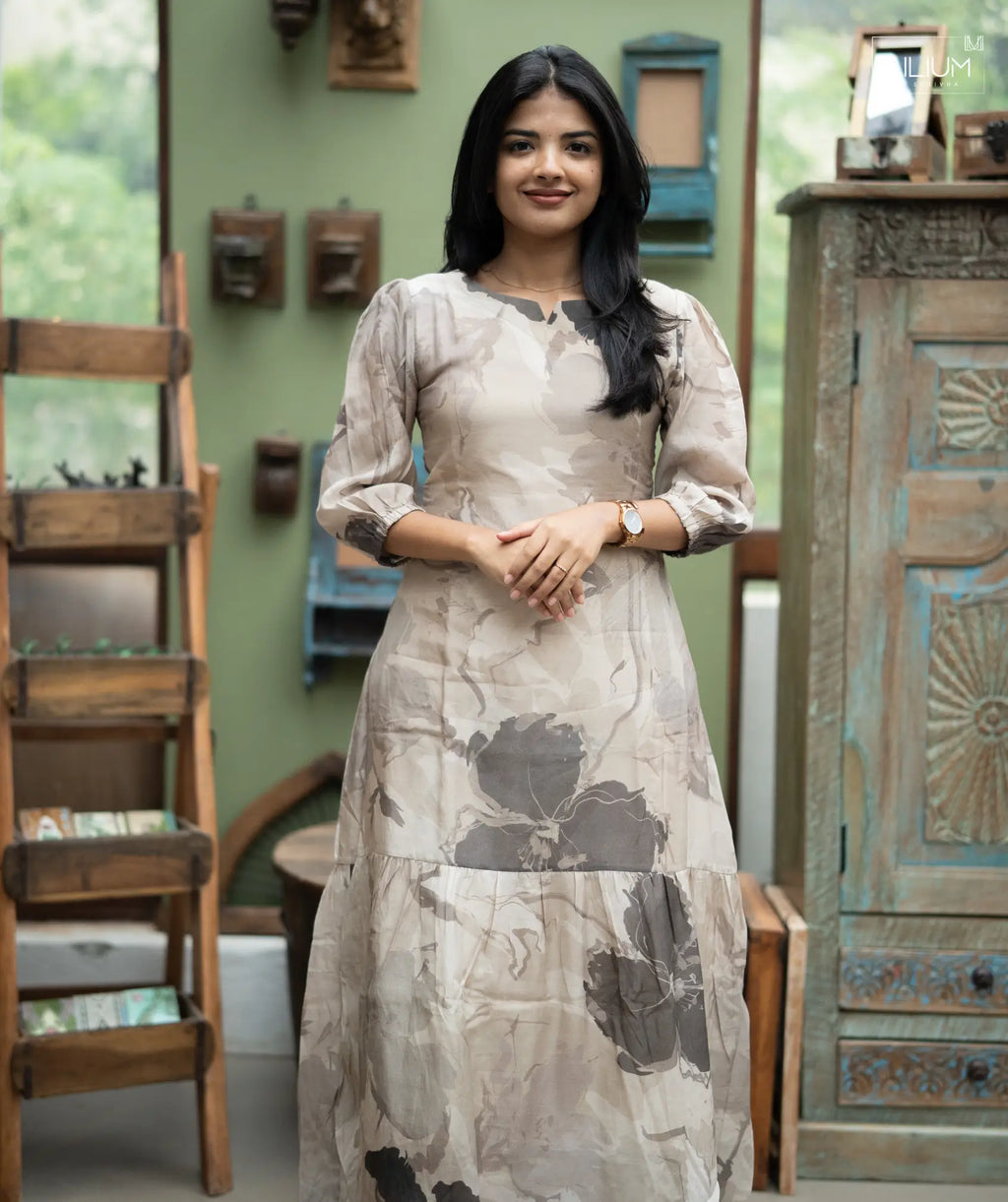 Calm Blossom Muslin Maxi Dress with Pockets & 3/4 Sleeves – LiliumByShrivha