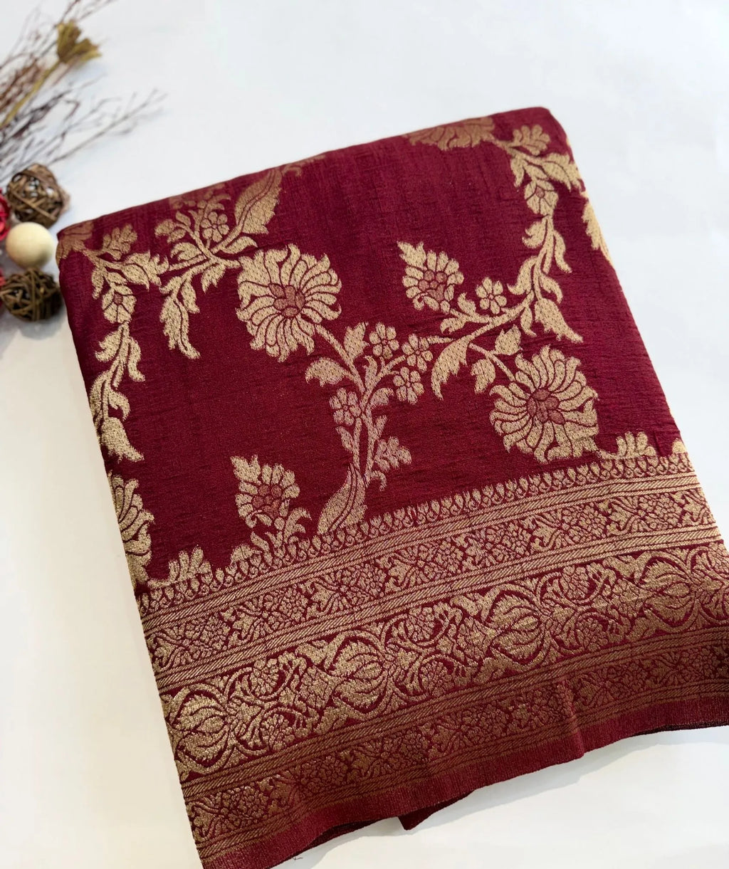 Maroon Banaras Silk Saree | Royal Zari Woven Festive Wear – LiliumByShrivha