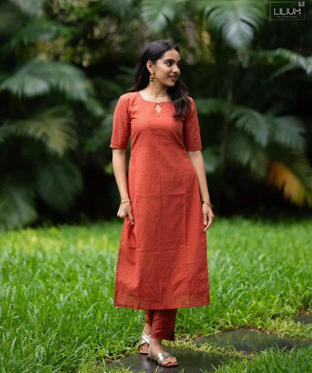 Burnt Saffron Zari Checked Cotton Co-ord Set – LiliumByShrivha