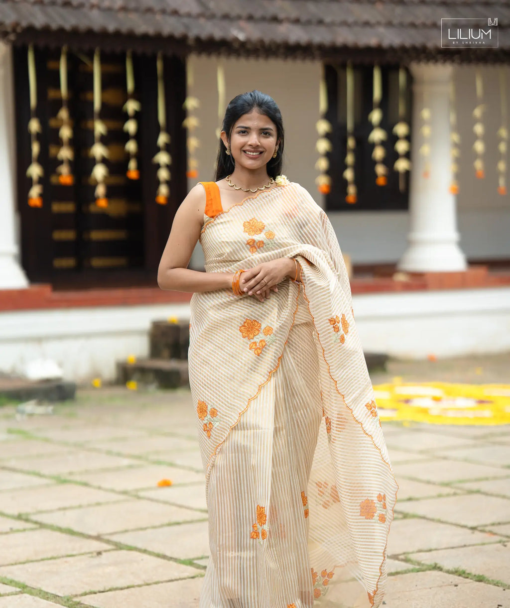 White Tissue Silk Kerala Saree with Orange Border – LiliumByShrivha